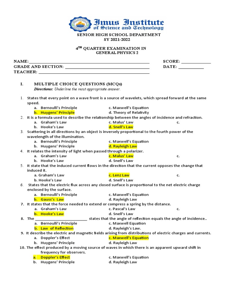 General Physics 2 4th Quarter Exam | PDF | Quantum Mechanics | Light