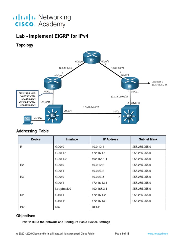Lab - Implement Eigrp For Ipv4: Topology | PDF | Ip Address | Routing