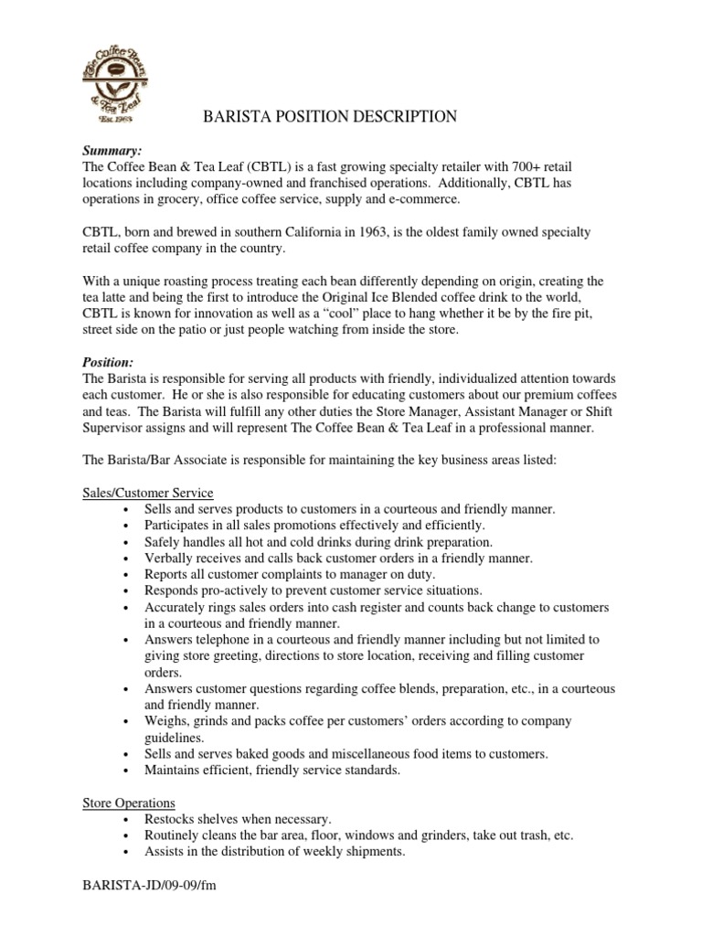 Barista Position Description: Summary | PDF | Coffee