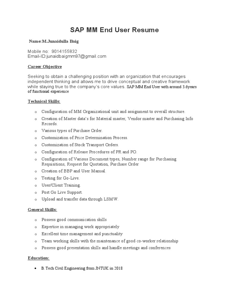 SAP MM End User Resume | PDF | Business | Computing