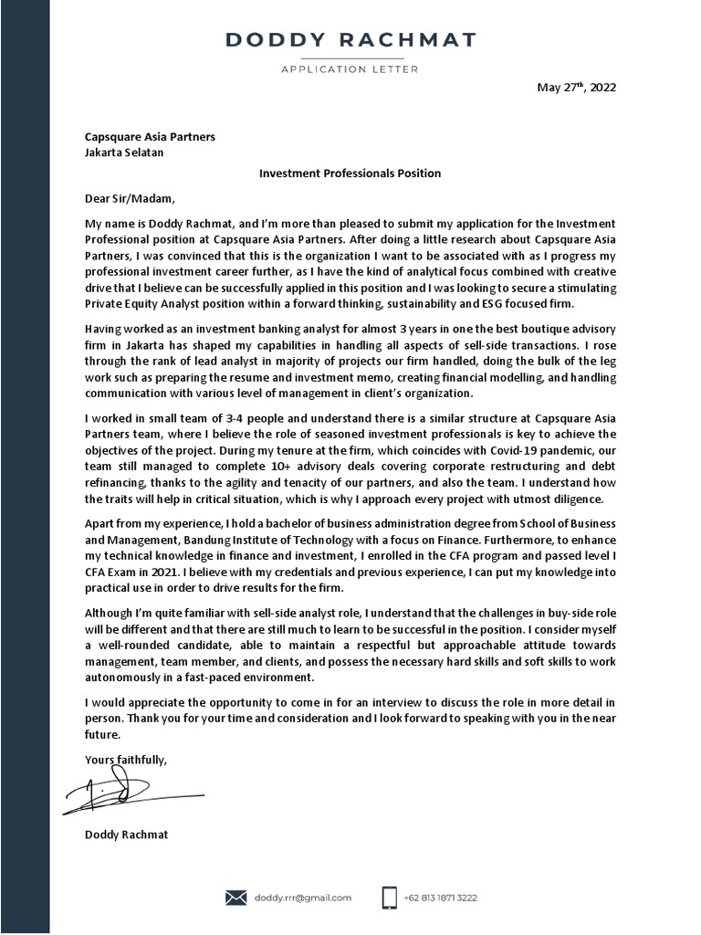 Application Letter - Doddy Rachmat - Capsquare Asia Partners | PDF ...