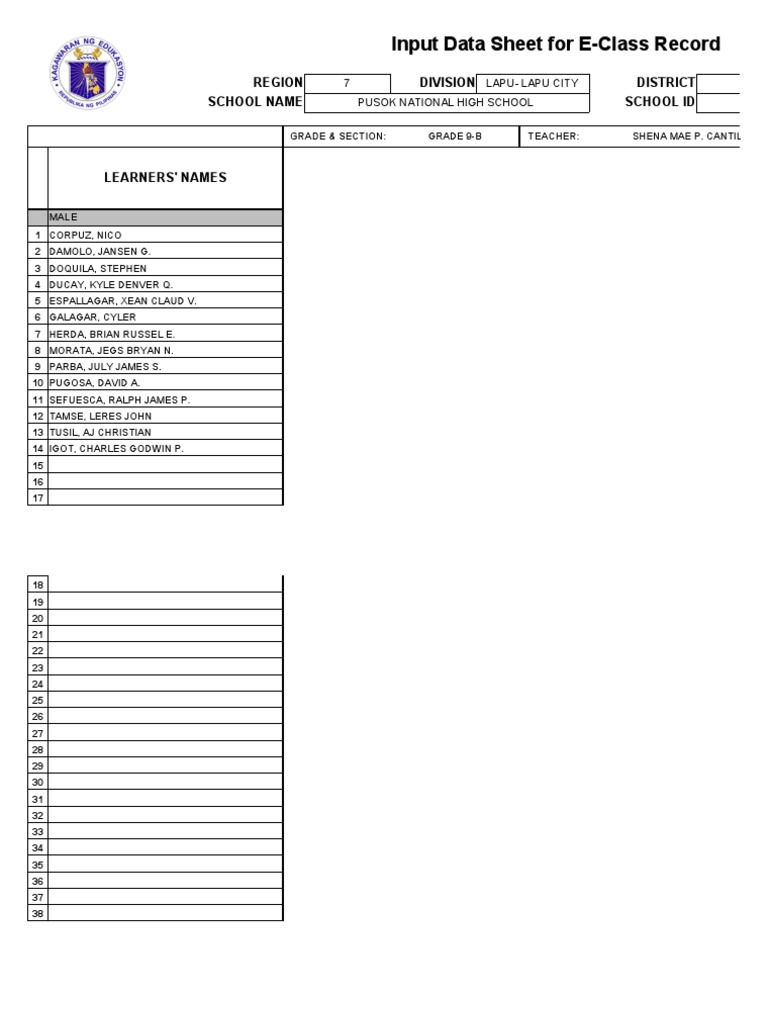 Input Data Sheet For E-Class Record: Region Division District School ...