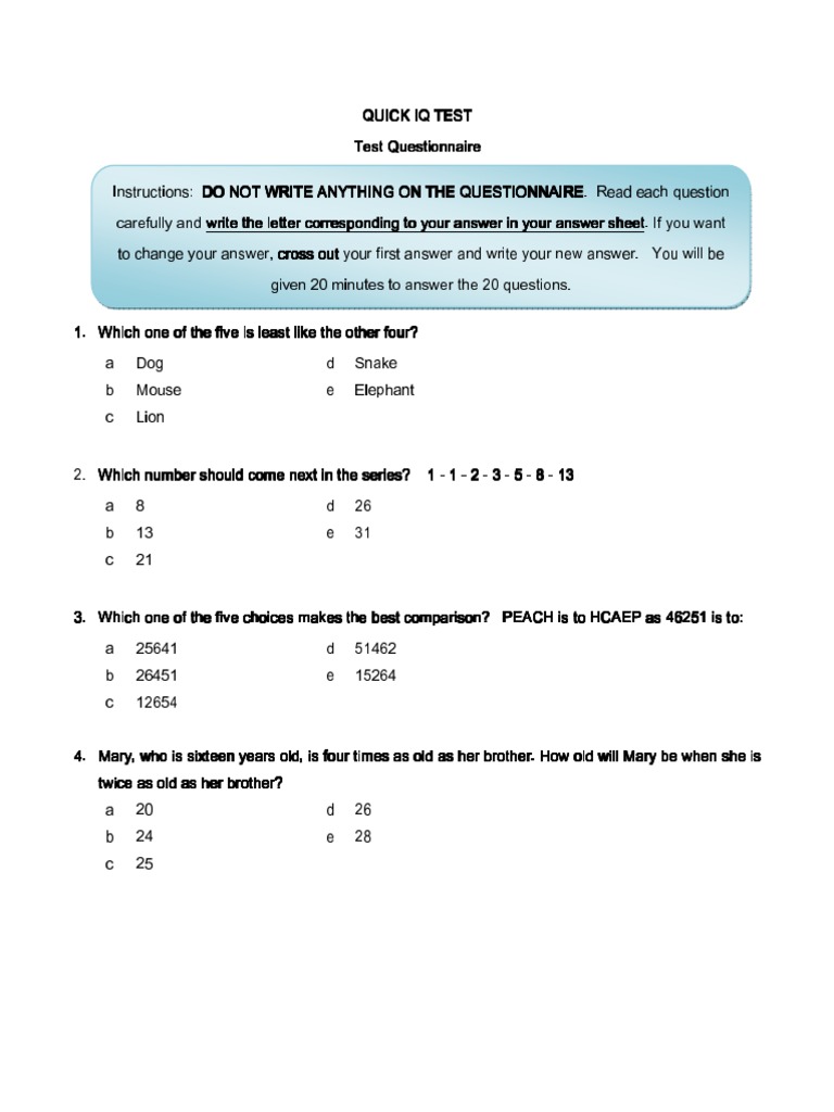 Quick IQ Test | Download Free PDF | Genius | Learning