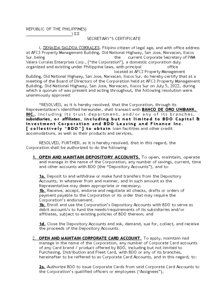 Bdo Secretarys Certificate | PDF | Financial Transaction | Debit Card