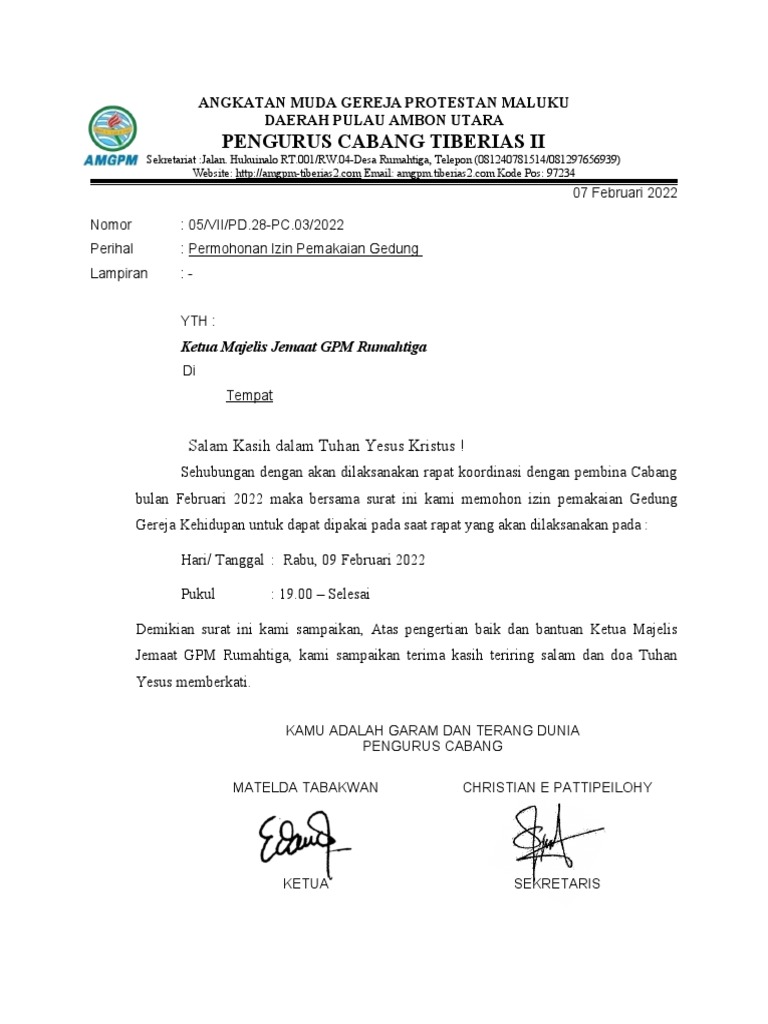 SURAT Ijin Pemakaian Gedung Gereja | PDF SURAT Ijin Pemakaian Gedung Gereja | PDF