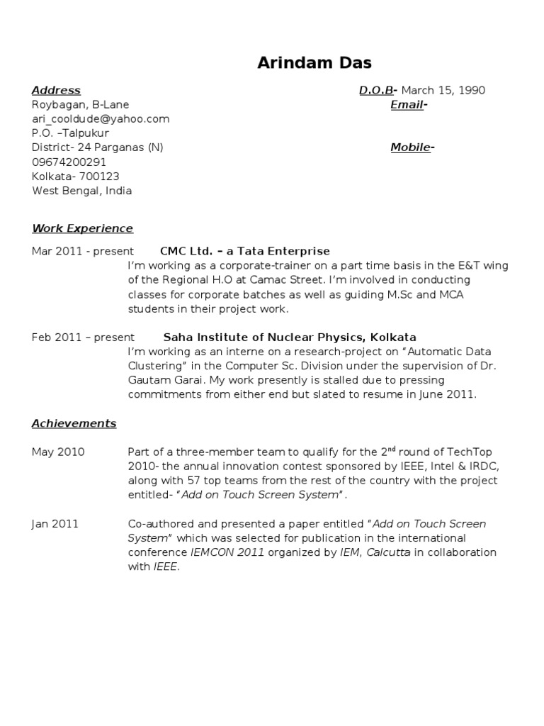 Resume | PDF | Kolkata | Test (Assessment)