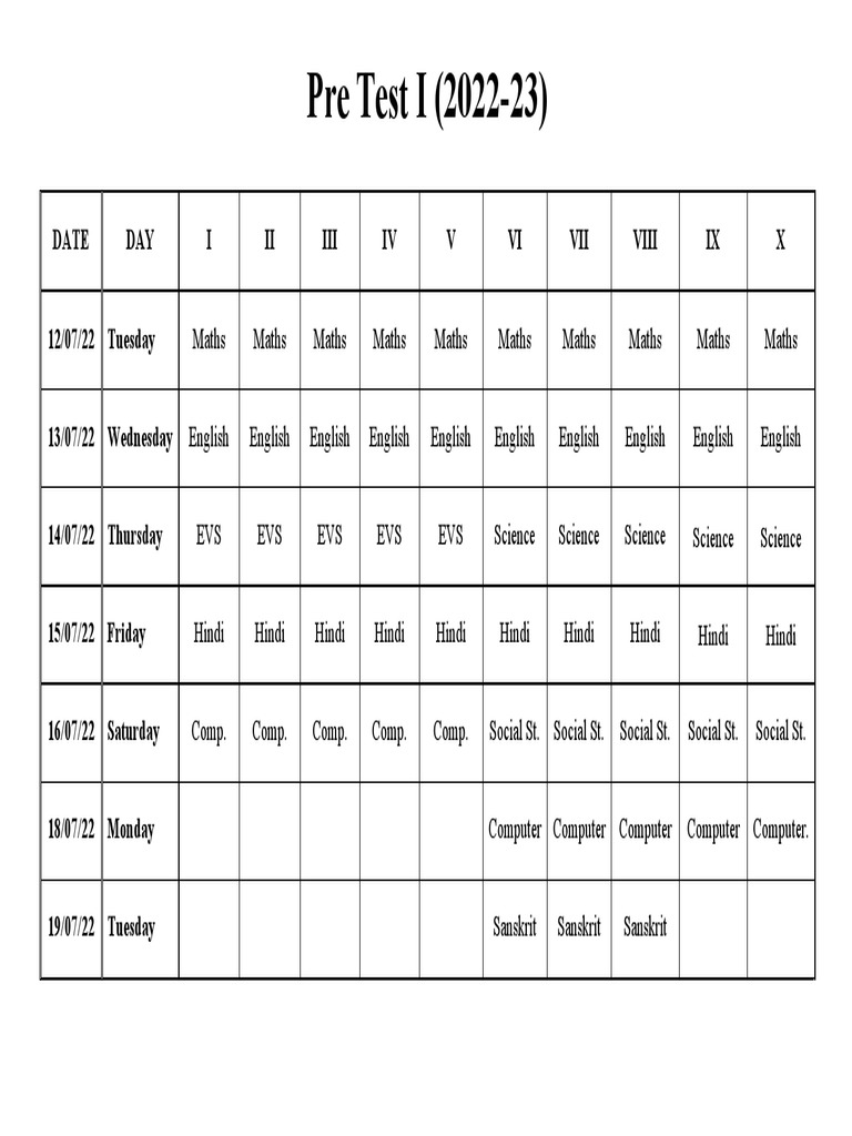 Exam Time Table 2022 - 23 (I - X) - 1 | PDF