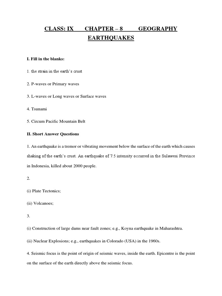 Earthquakes - PDF To Solve Class 9th Icse | PDF | Earthquakes | Natural ...