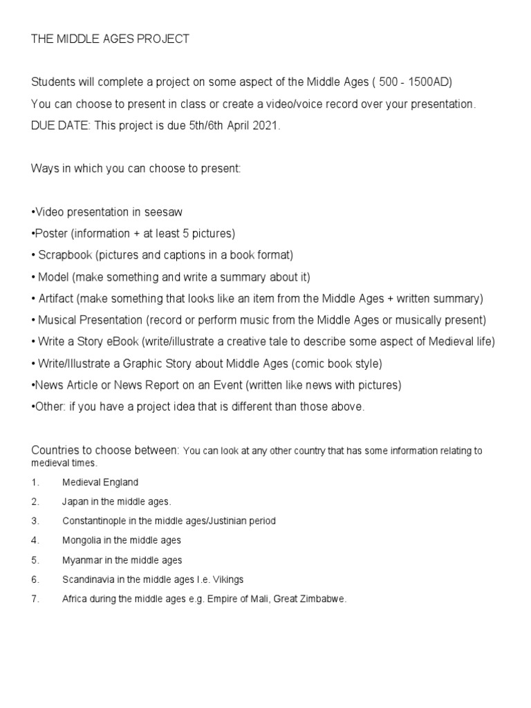 Medieval Project and Rubric | PDF | Middle Ages | Communication