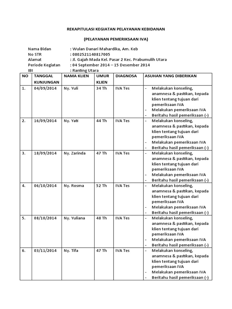 Rekapitulasi Kegiatan Pelayanan Kebidanan (Pelayanan Pemeriksaan Iva) | PDF