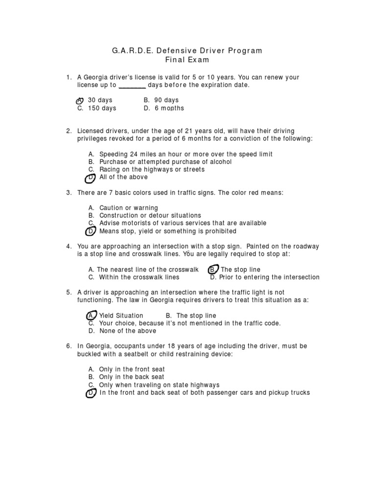 G.A.R.D.E. Defensive Driver Program Final Exam | Download Free PDF ...