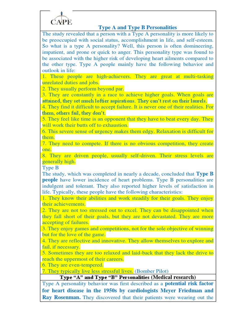 Type A and Type B Personalities | PDF | Psychology | Psychological Concepts