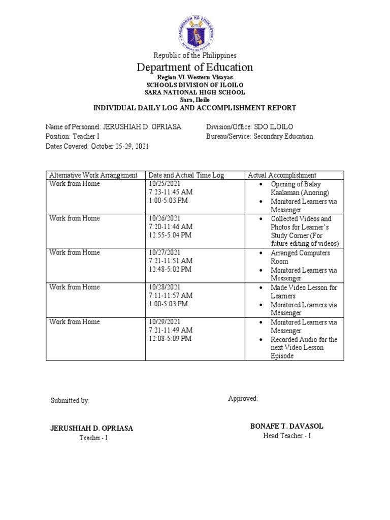 Sample IDLAR for October 2021 | PDF