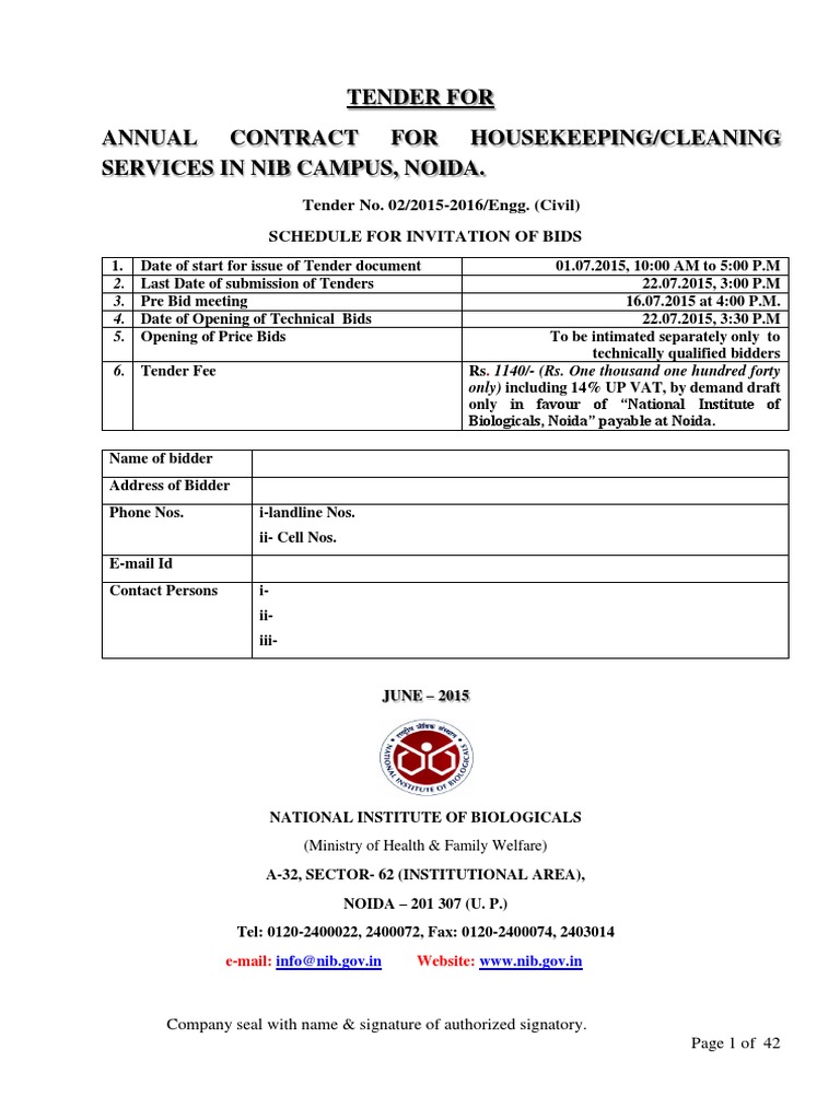NIB Housekeeping Services Tender 2015 | PDF | Employment | Taxes
