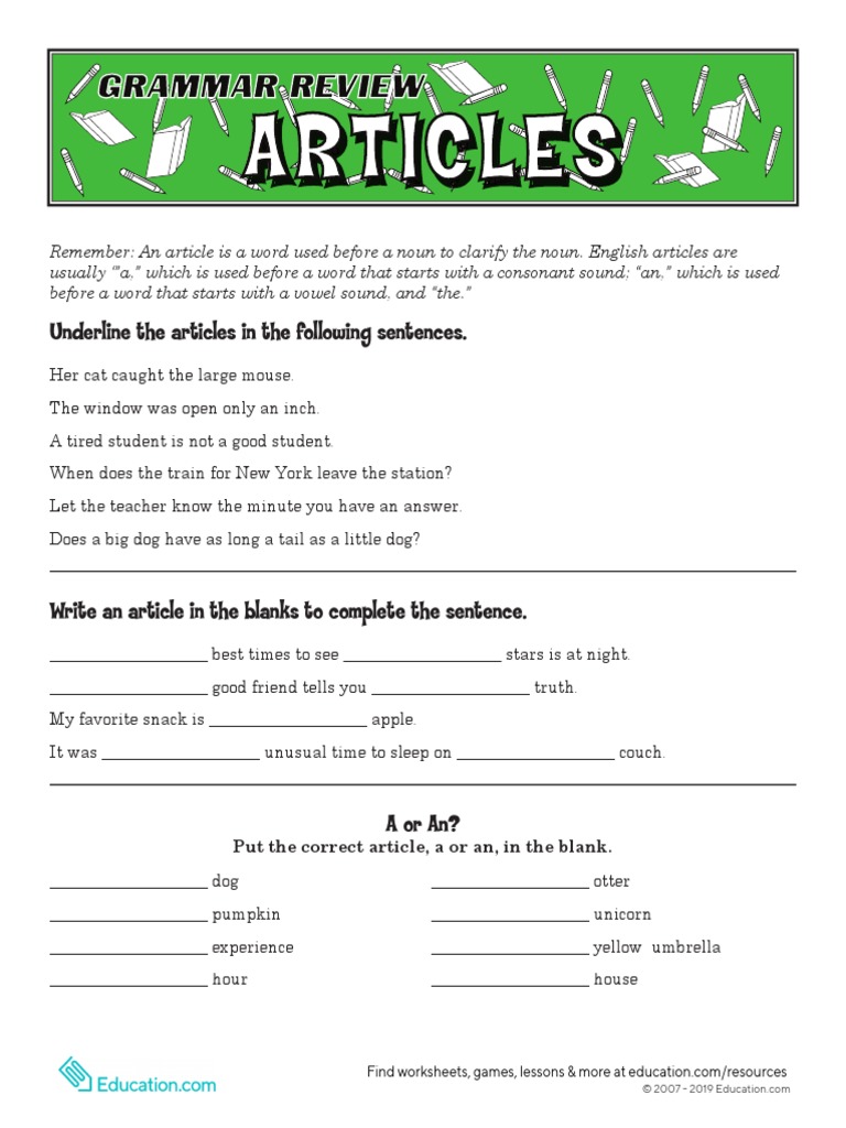 Grammar Review Articles Worksheet | PDF
