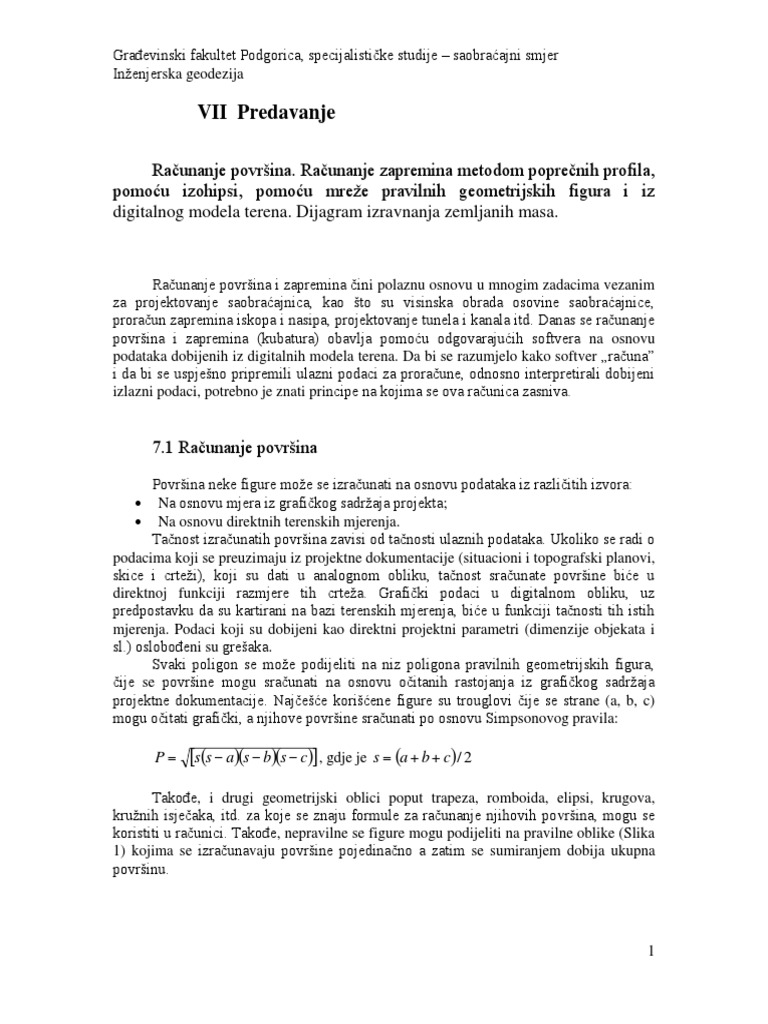 Sedmo Predavanje Inženjerska Geodezija - Saobraćajni Smjer | PDF
