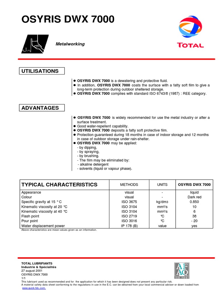 TOTAL OSYRIS DWX 7000 - Pds - Eng - Rev. 27.08.2001 | Download Free PDF | Liquids | Materials