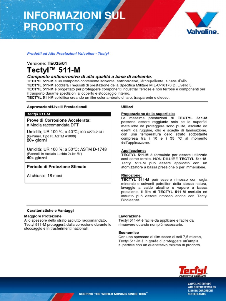 Valvoline TECTYL 511 M - Scheda Tecnica - 2016 | PDF