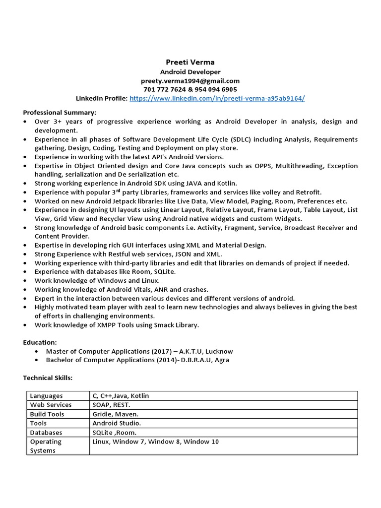 An Impressive Resume for an Experienced Android Developer focused on Mobile Application ...