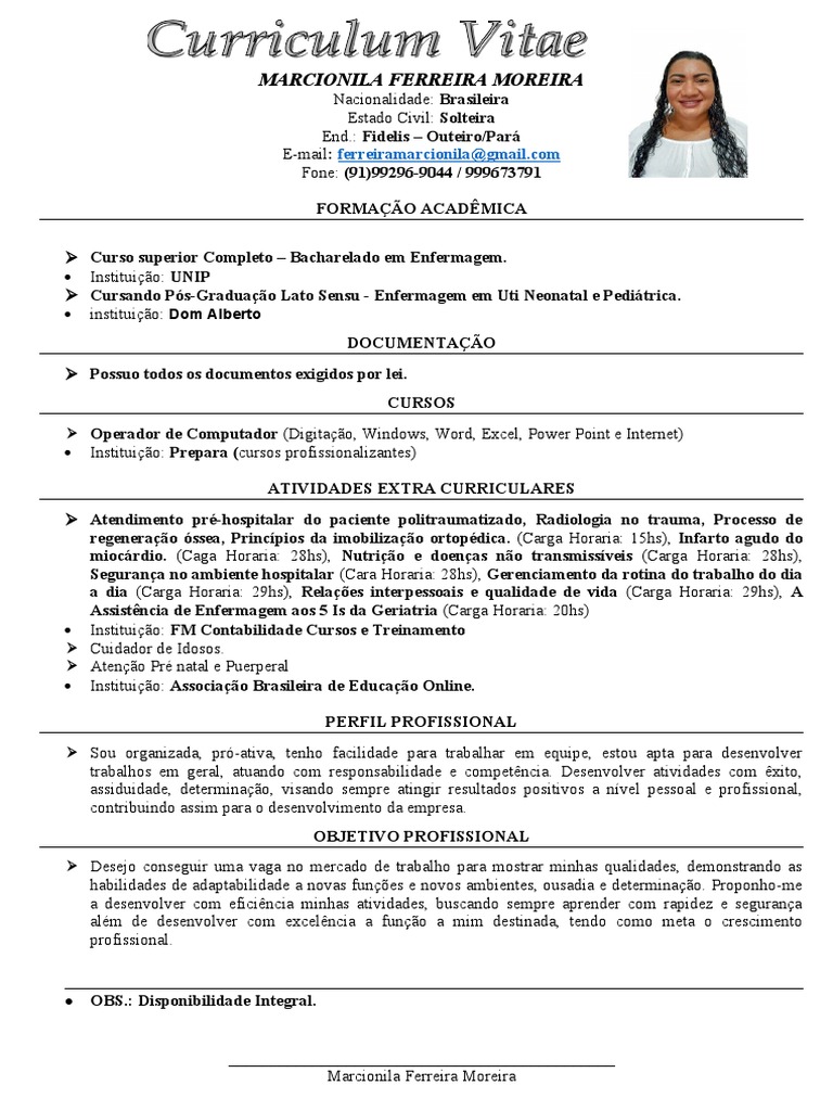 CURRICULUM VITAE ENFERMAGEM (1) | PDF | Desenvolvimento profissional | Enfermagem