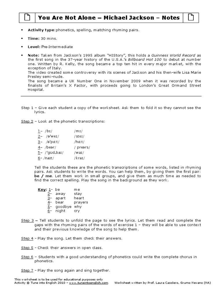 You Are Not Alone - Michael Jackson - Notes: This Worksheet Is To Be ...