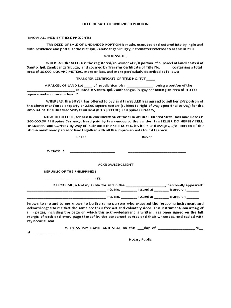 sampleDEED OF SALE OF UNDIVIDED PORTION | PDF | Deed | Natural ...