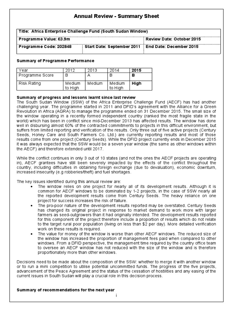 Annual Review - Summary Sheet | Download Free PDF | Agriculture | Risk