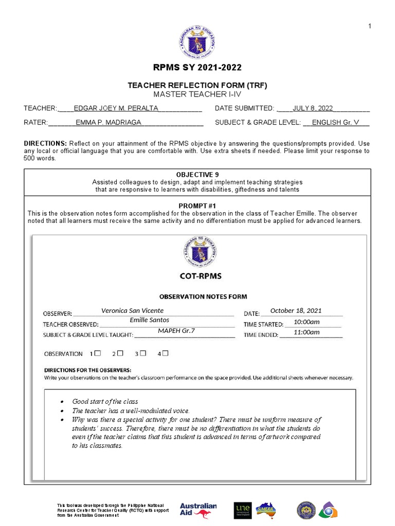 Teacher Reflection Form - Obj 9 | PDF | Differentiated Instruction ...