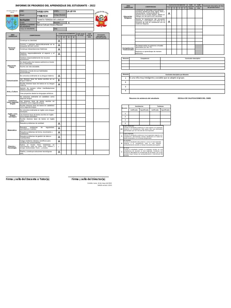 BOLETA - DE - NOTAS - 1ro Ariana Massiel | PDF | Segundo lenguaje | Aprendizaje