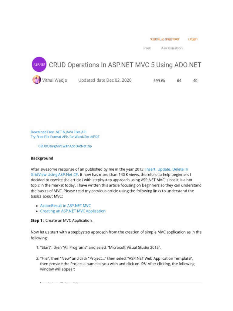 ASP.NET MVC 5 CRUD with ADO.NET | PDF | Parameter (Computer Programming ...