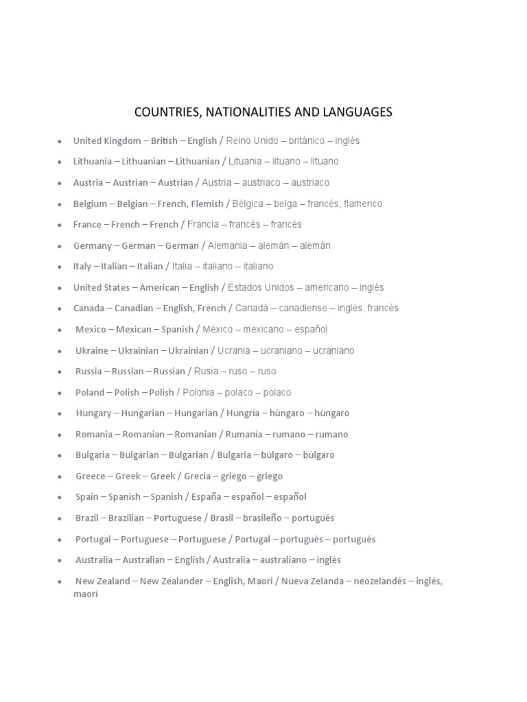Countries, Nationalities and Languages | PDF