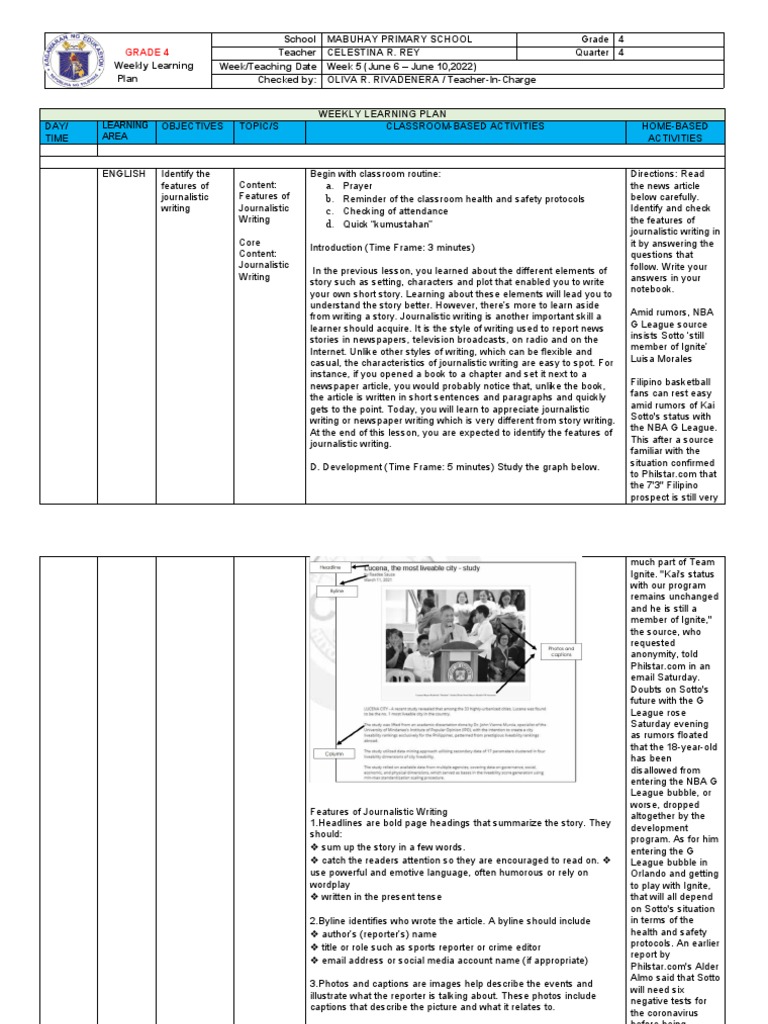 Weekly Learning Plan Q.4 Week 5 - All Subjects | PDF
