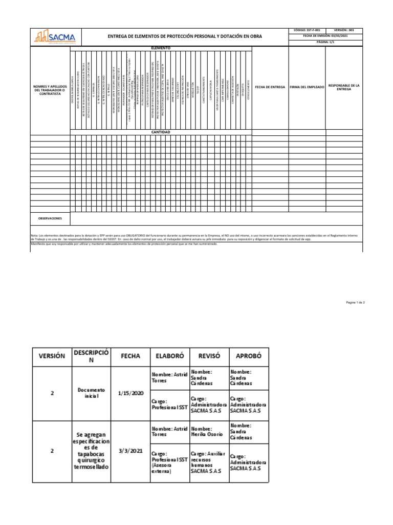 Formato Entrega de Elementos de Protección Personal y Dotación en Obra | PDF