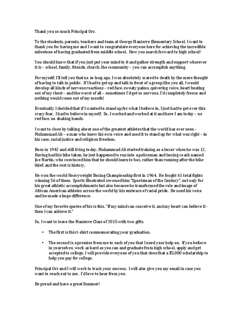 Elementary Graduation Speech Example | PDF