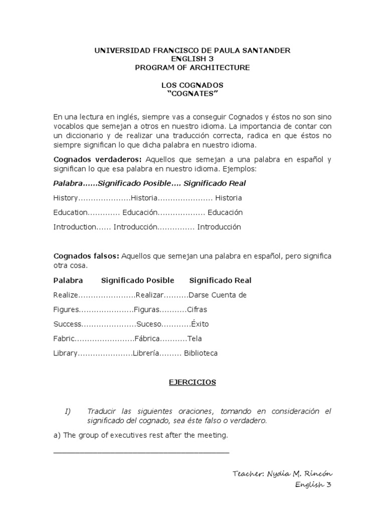 Cognados Guia de Ejercicios | PDF | Lingüística | Interpretación ...