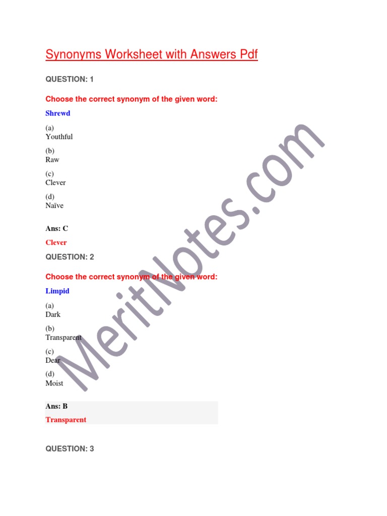 Synonyms Worksheet With Answers | PDF