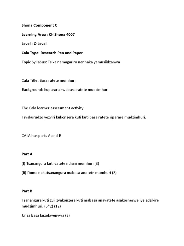 Shona Component C Learning Area: Chishona 4007 Level: O Level Cala Type ...