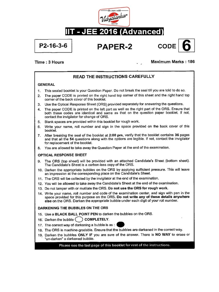 Iitjee Advanced 2016 Question Paper 2 With Solutions | PDF | Rotation ...