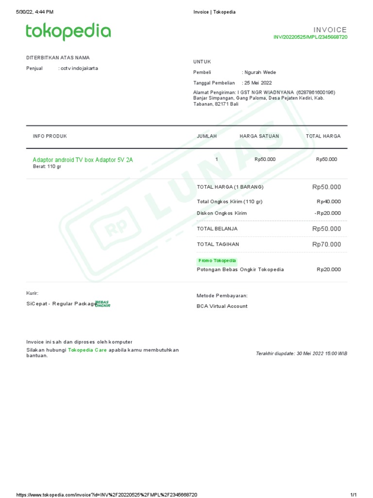 Invoice - Tokopedia | PDF