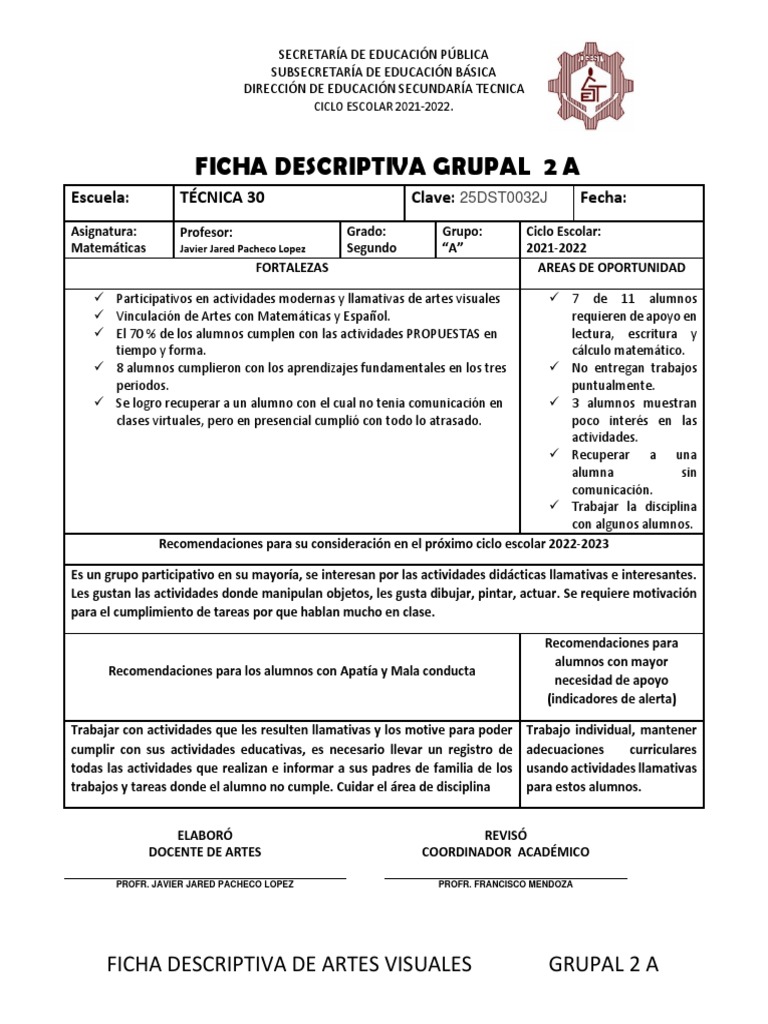 Ficha Descriptiva Grupal de Secundaria | PDF | Educación primaria ...