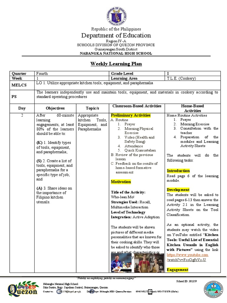 WLP - TLE Cookery | PDF | Learning | Kitchen