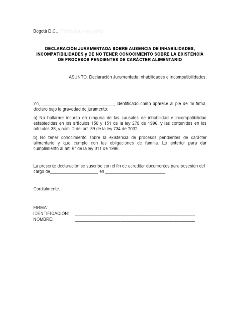 Declaración Juramentada Inhabilidades e Incompatibilidades | PDF