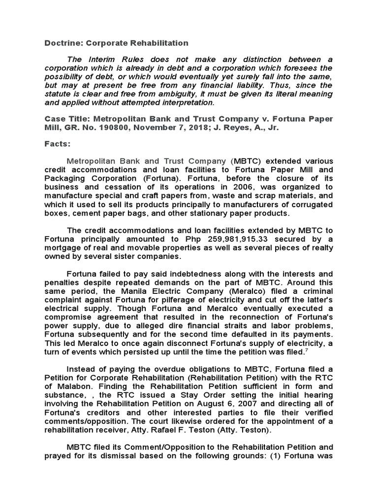 13digested .MBTC vs. Fortuna Paper Mill GR. No. 190800 November 7 2018 | PDF | Liquidation ...