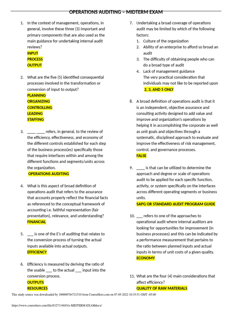 Operations Auditing - Midterm Exam: Input Process Output | PDF ...
