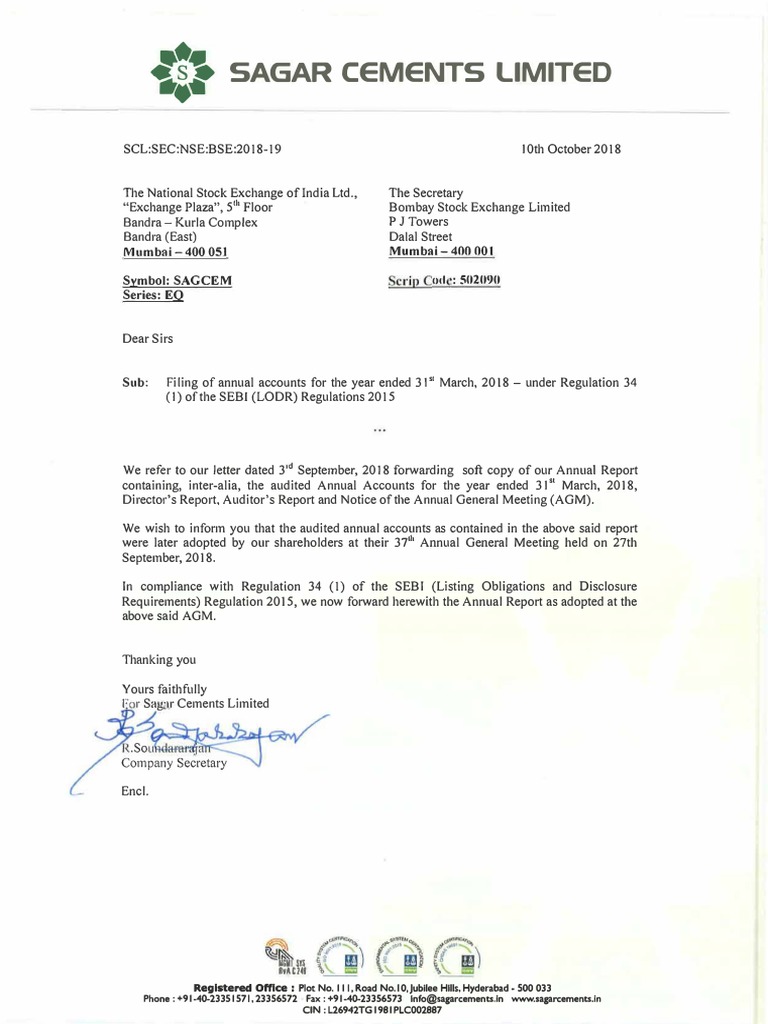 Sagar Cements Limited: SCL:SEC:NSE:BSE:2018-19 | PDF | Dividend | Electronic Voting