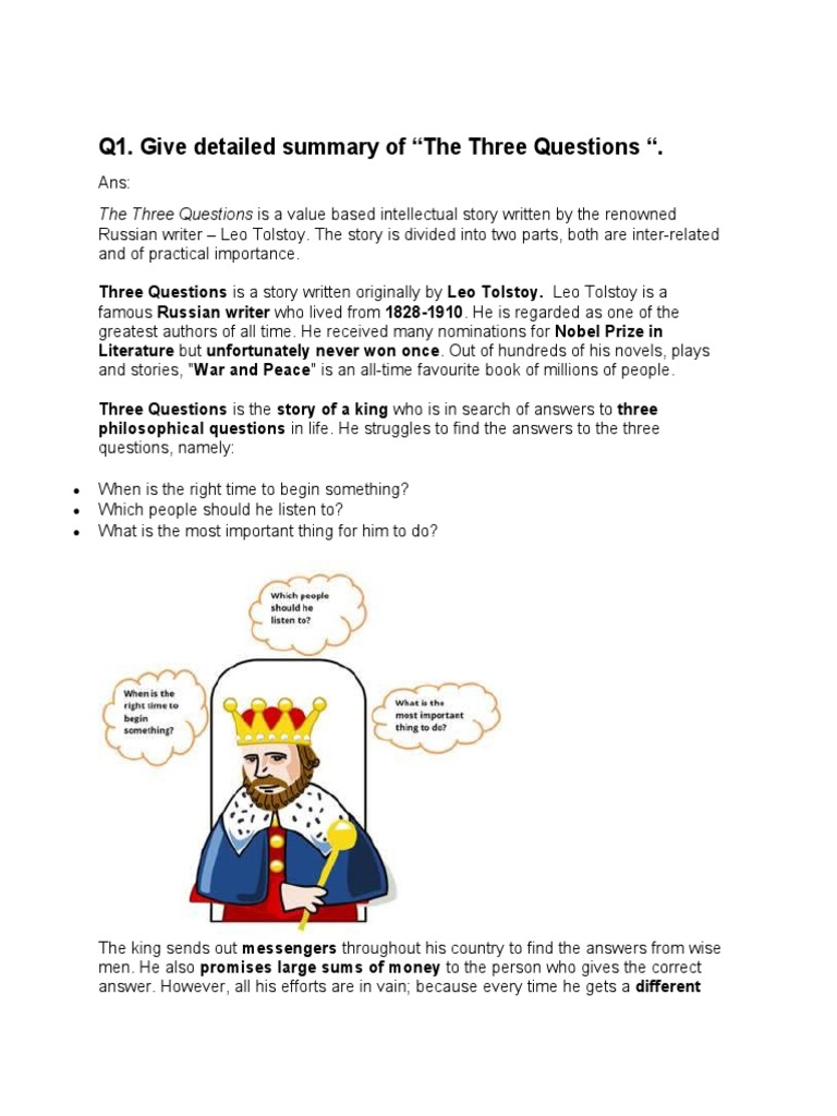 Q1. Give Detailed Summary of "The Three Questions " | PDF