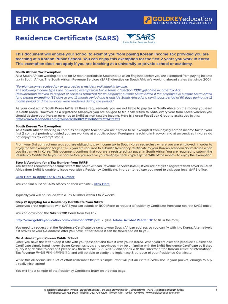 Epik Program: Residence Certificate (SARS) | PDF | Taxes | Tax Exemption