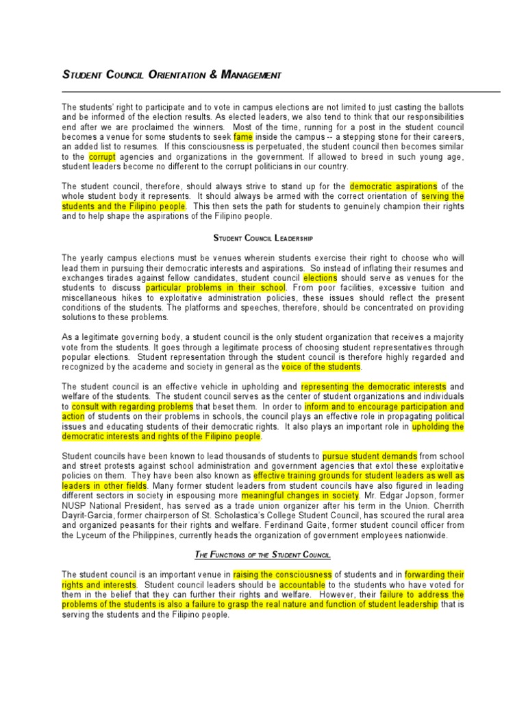 Student Council Orientation Handout | PDF | Leadership | Students' Union