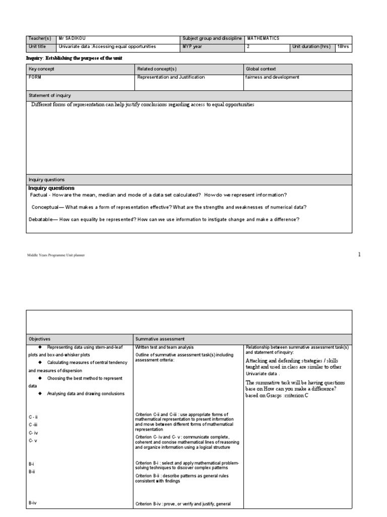 MYP 2 - Unit - Plan 6th MP Mathematics | PDF | Quartile | Information
