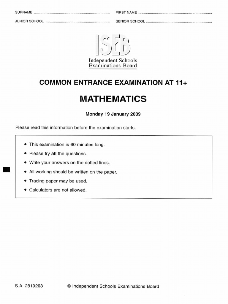 ISEB 11 Plus Maths 2009 Practice Paper | PDF